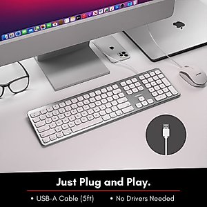 Macally Wired Keyboard for Mac - Compatible Apple Keyboard with USB Ports for Mouse - Full-Size Mac Keyboard with Number Pad - Plug & Play Keyboard for MacBook Pro/Air, iMac - Aluminum Frame