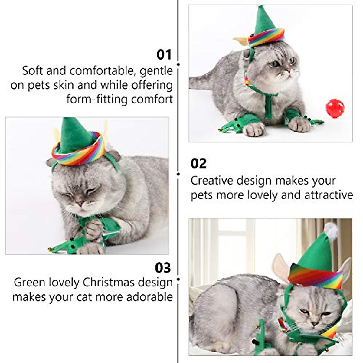POPETPOP 4Pcs Cat Elf Costume - Cute Cat Christmas Costume Xmas Clothes Green Elf Outfit for Small Pets Cat Costume Accessories