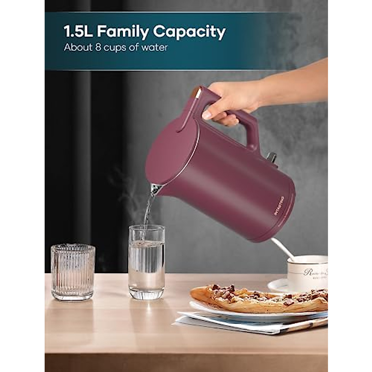 INTASTING Electric Kettle for boiling water Double Wall 100% Stainless Steel Inner 1500W Fast Heating 1.5L Hot Water Boiler Auto Shut-Off & Boil Dry Protection BPA-Free Electric Tea Kettle Red