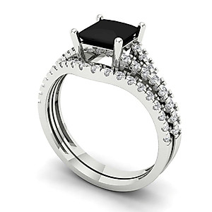 1.95 carat Princess Shape Solitaire Natural Black Onyx Engagement Wedding Anniversary Bridal Ring band set 14k White Gold 3.5