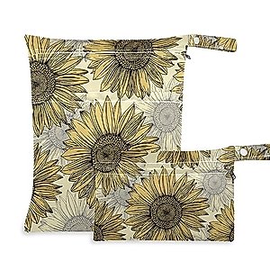 SDMKA 2Pcs Wet Dry Bag for Baby Cloth Diapers Sunflowers Yellow Reusable Waterproof Wet Bag with Two Zippered Pockets for Travel Beach Pool