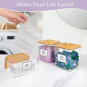 2+1 Pack Laundry Pods Container,Clear Laundry Detergent Powder Storage Containers,Laundry Room Organization Containers with Wooden Lids & Labels,Laundry Pods Holder for Scent Booster,Dryer Ball