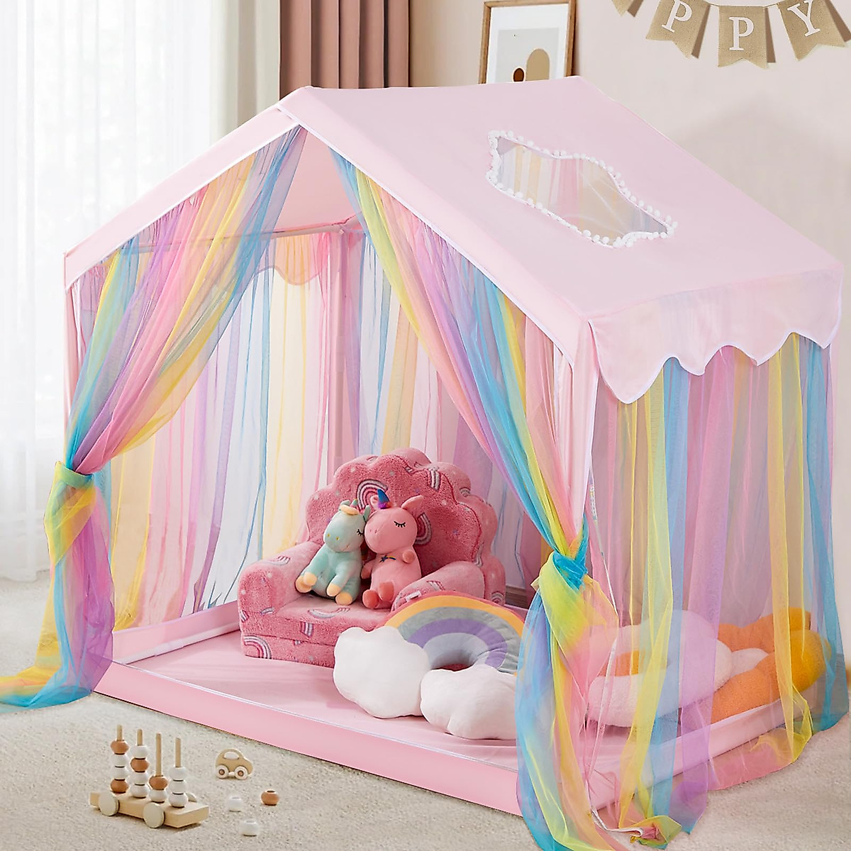 MOOZHEALTH Princess Rainbow Kids Play Tent -Large Castle Playhouse for Girls,Indoor & Outdoor Toddlers Play Tent,Reading Nook Imaginative Games,54x37x52