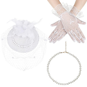 Hicarer 50s Fascinator Hat for Women Funeral Veil Hat Pillbox Cocktail Tea Party Headpiece and Lace Glove Pearl Necklace(White, Silver)