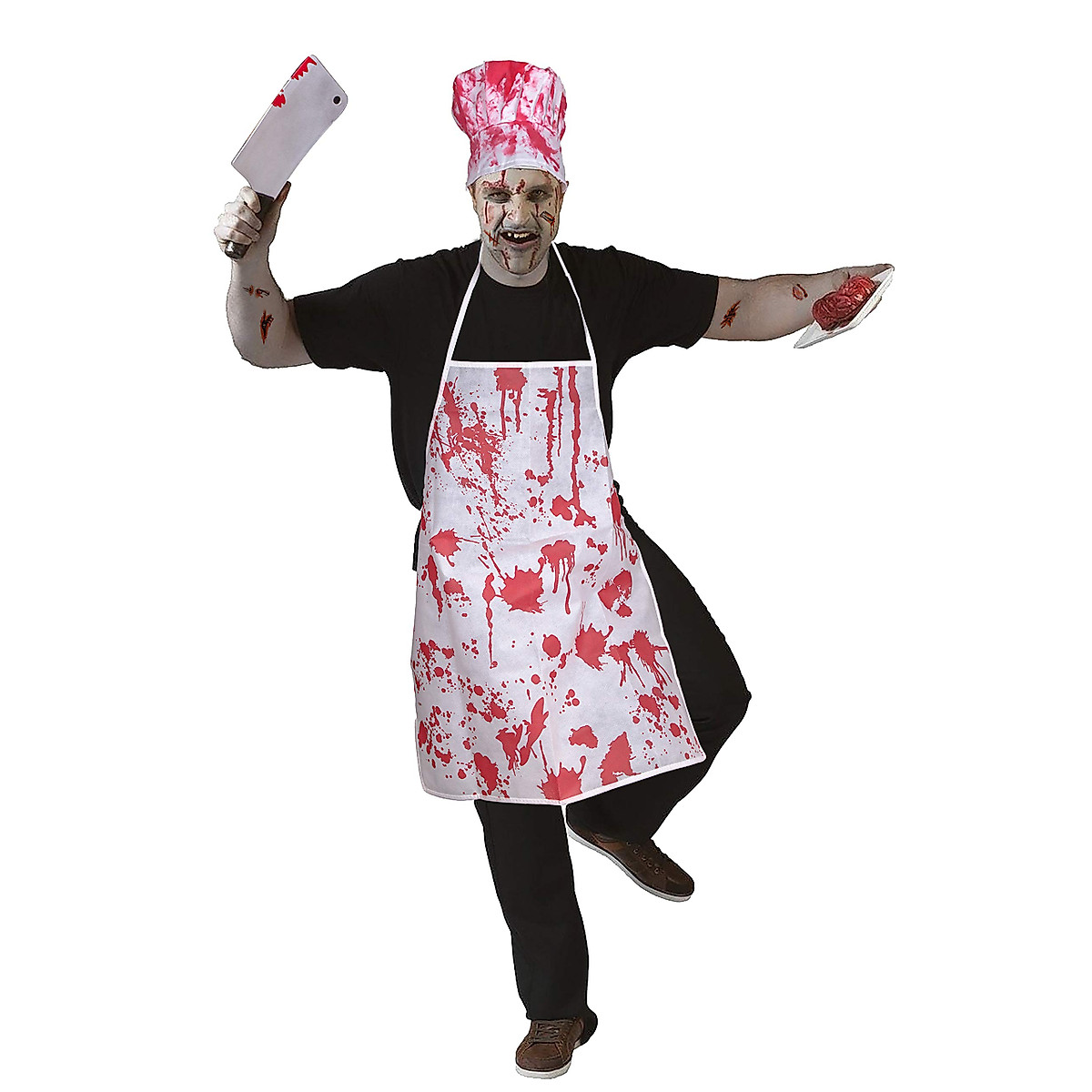 jollylife 13Pieces Halloween Bloody Butcher Costumes Scary Set - Cooking Chef Apron Hat Weapon Knife Tattoo Stickers Zombie Party Accessories Decorations