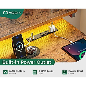 AODK Computer Desk, 48 Inch Gaming Desk with LED Lights and Power Outlet, Office Desk with Adjustable Monitor Shelf (3 Heights), Computer Table Work Desk for Home/Bedroom, Rustic Brown