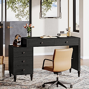 Tribesigns Computer Desk with 5 Drawers, Wood Home Office Desk with Reversible File Drawers and Printer Stand, Ash Black Writing Desk, Study Table Workstation for Small Spaces
