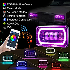 SEUYA 4x6 LED Headlights with RGB Halo Ring Music Mode Replacement H4651 H4652 H4656 H6545 Truck Chevrolet Kenworth Oldsmobile Ford Peterbilt