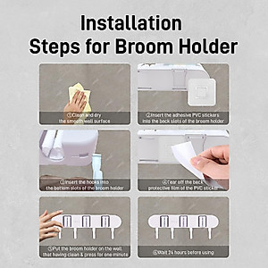 Bntyok Broom Holder with 2 Slots & 3 Hooks Heavy Duty Garden Tool Organizer Broom Hanger Wall Mount for Home Laundry Room Kitchen Closet Shed Garage Organization and Storage - White