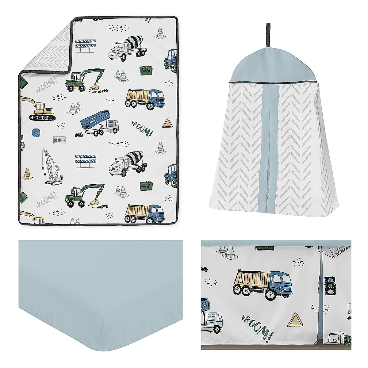 Sweet Jojo Designs Construction Truck Baby Boy Nursery Crib Bedding Set - 4 pieces - Grey Yellow Black Blue and Green Transportation Chevron Arrow