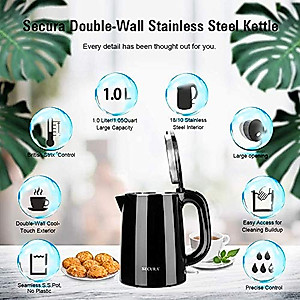 Secura Stainless Steel Double Wall Electric Kettle Water Heater for Tea Coffee w/Auto Shut-Off and Boil-Dry Protection, 1.0L (Black)