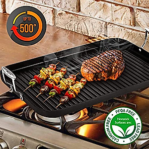 NutriChef Nonstick Stove Top Grill Pan - PTFE/PFOA/PFOS Free Need two Burners 20" x 13" Hard-Anodized Non stick Grill & Griddle Pan - Kitchen Cookware, Dishwasher Safe NCGRP59