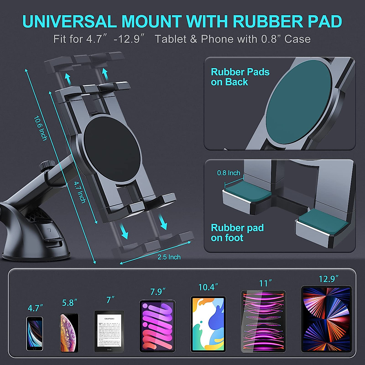 Dashboard & Windshield Car Tablet Mount Holder, 360° Rotatable Suction Cup Window Dash Phone Stand for iPad Pro 12.9/11/10.5/Air/Mini 6/5/4, Samsung Galaxy Tab, iPhone 16/15, 4.7"-12.9" Tab Phone