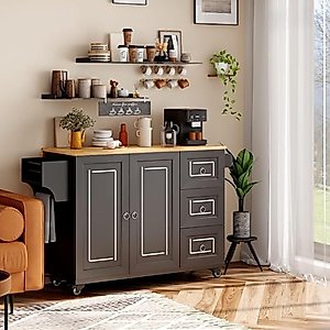 Qsun Kitchen Island with Storage on Wheels with Drop Leaf, Kitchen Island Cart with Rubber Wood Top, Large Storage Cabinet, Three Large Drawers, Side Towel Rack and Spice Rack (Black)