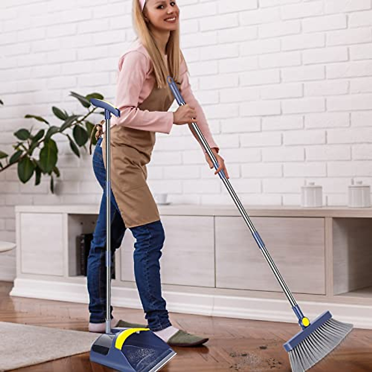 Almcmy Broom and Dustpan Set, Broom with Dustpan Combo Set, 47" Long Handle, Stand Up Dust Pan with Comb Teeth, Standing Dustpan and Broom Set for Sweeping Indoor Lobby Office Kitchen