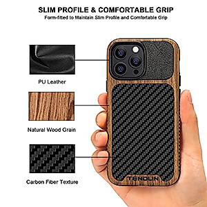 TENDLIN Compatible with iPhone 13 Pro Max Case Wood Grain with Carbon Fiber Texture Design Leather Hybrid Case Compatible for iPhone 13 Pro Max 6.7-inch Released in 2021 Black