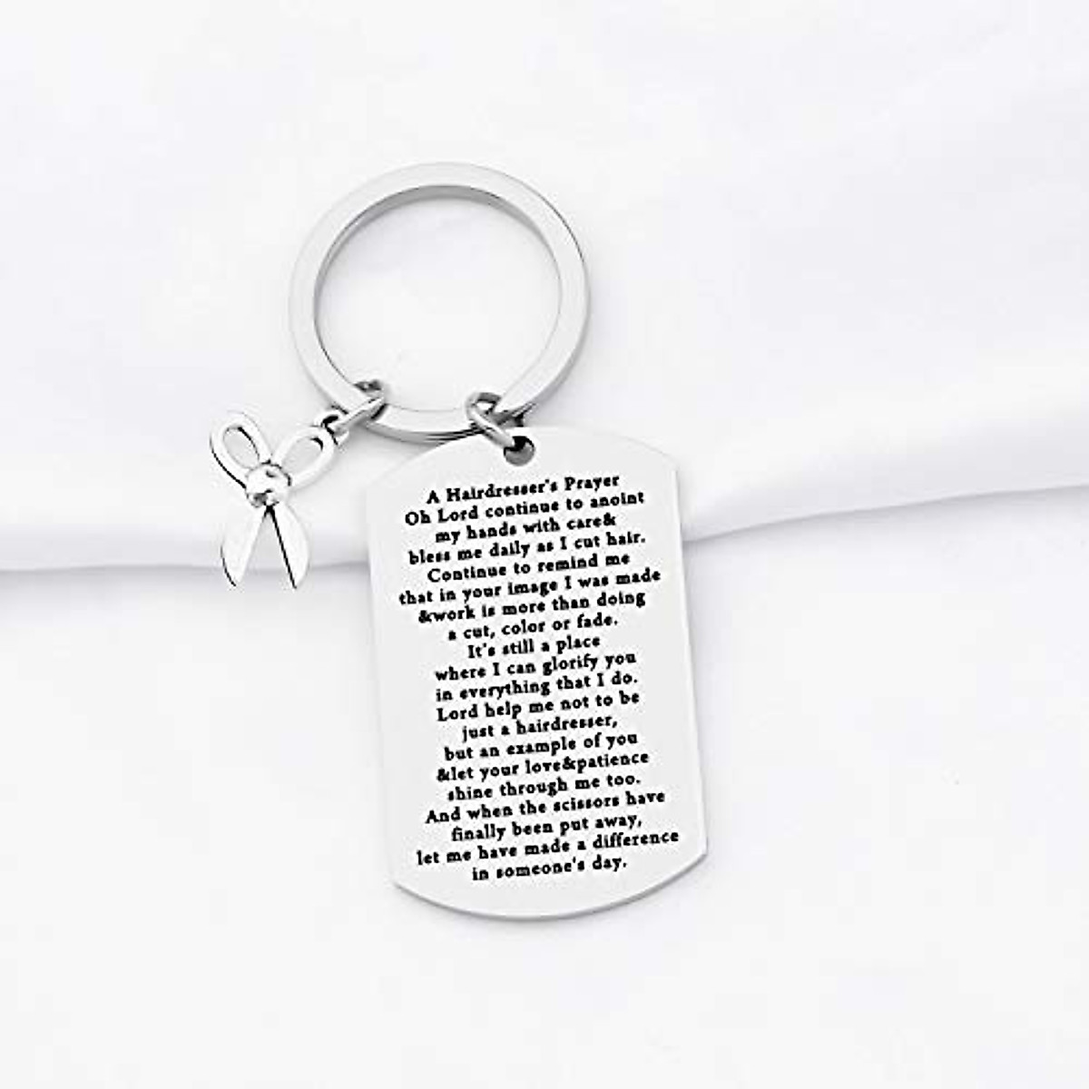 FUSTMW Hairdresser Prayer Keychain Hairstylist Gifts Scissor Charm Hairdresser Jewelry Gifts for Hair Stylist Cosmetology Graduation Gifts (SILVER)