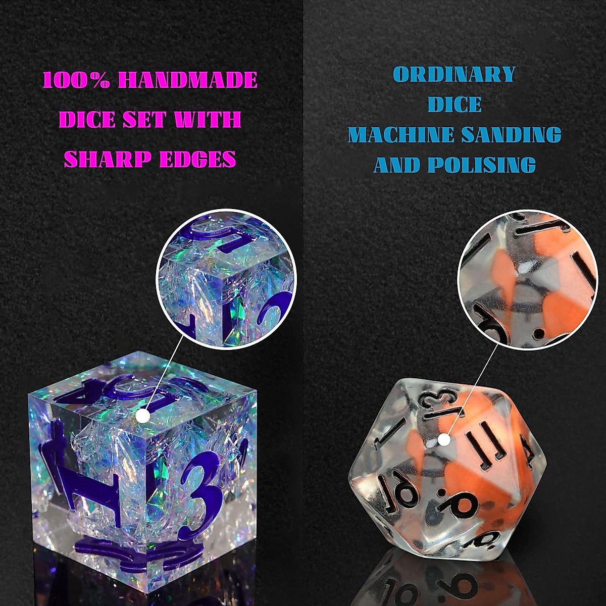 YEMOVAN Resin DND Dice Set RPG Sharp Edge Dice Handcrafted Polished Polyhedral Game Dice for Dungeons and Dragons 7PC