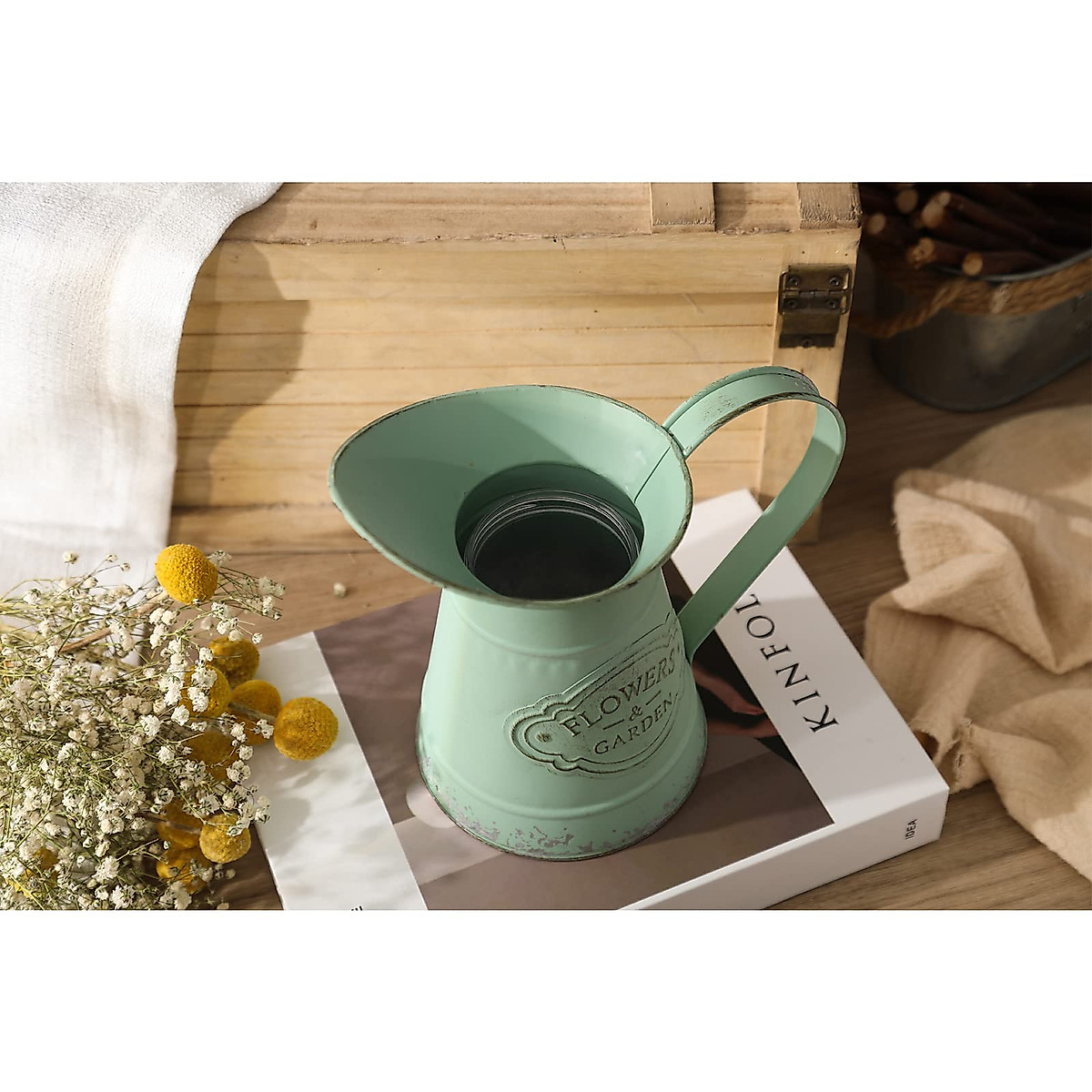 APSOONSELL Shabby Chic Rustic Style Metal Jug Pitcher Flower Vase Watering Can for Home Garden Decoration Large