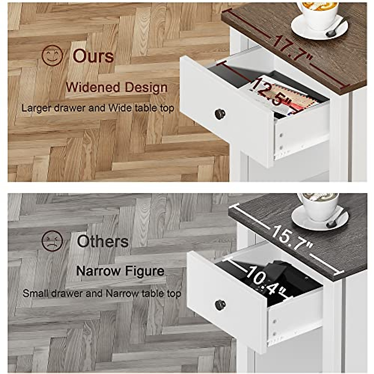 ChooChoo Farmhouse End Table with Drawer, White Bedside Table with Storage Cabinet for Bedroom, Wooden Nightstand Side Table Living Room