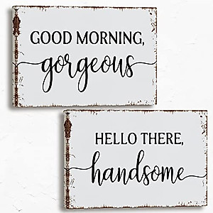 Good Morning Gergeous Hello There Handsome Canvas Wall Art Prints,Anniversary Engagement Paintings Prints Gifts,11x14 inches Set Of 2 Artwork For Couples Themed Decor Bedroom Living Room Decorations