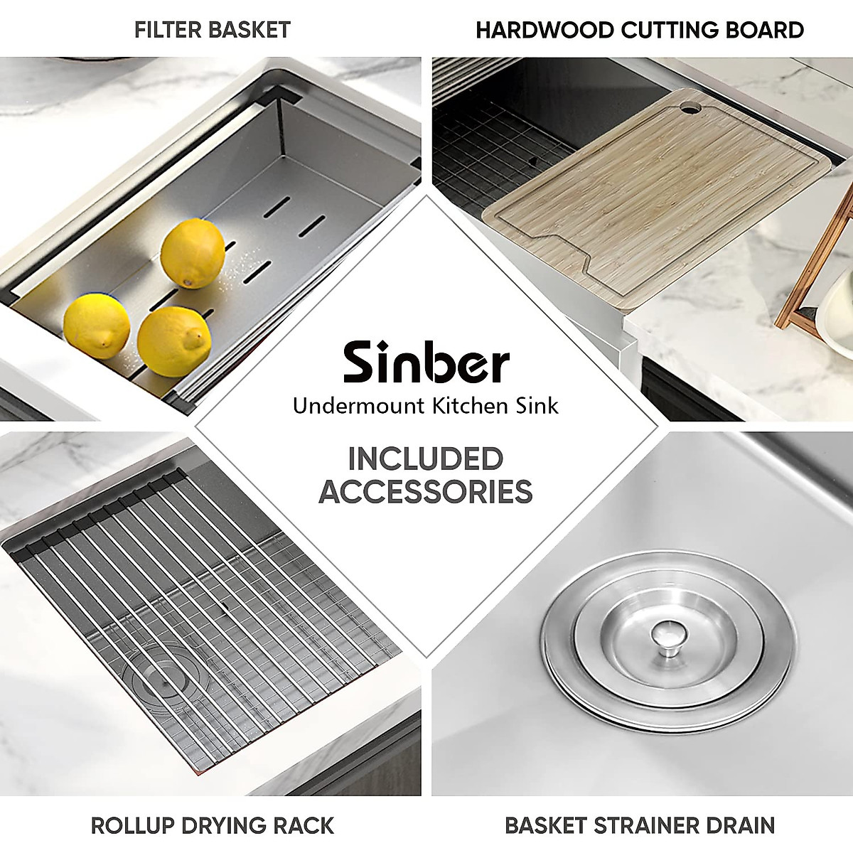 Sinber 32" x 19" x 10" Undermount Single Bowl Workstation Kitchen Sink with 16 Gauge 304 Stainless Steel Satin Finish 6 Accessories KSS0001S-OK
