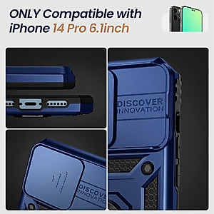 Goton for iPhone 14 Pro Case with Screen Protector - Slide Camera Cover Phone Case with Ring Stand, Heavy Duty Military Grade Shockproof Rugged Bumper for iPhone 14 Pro Accessories Blue