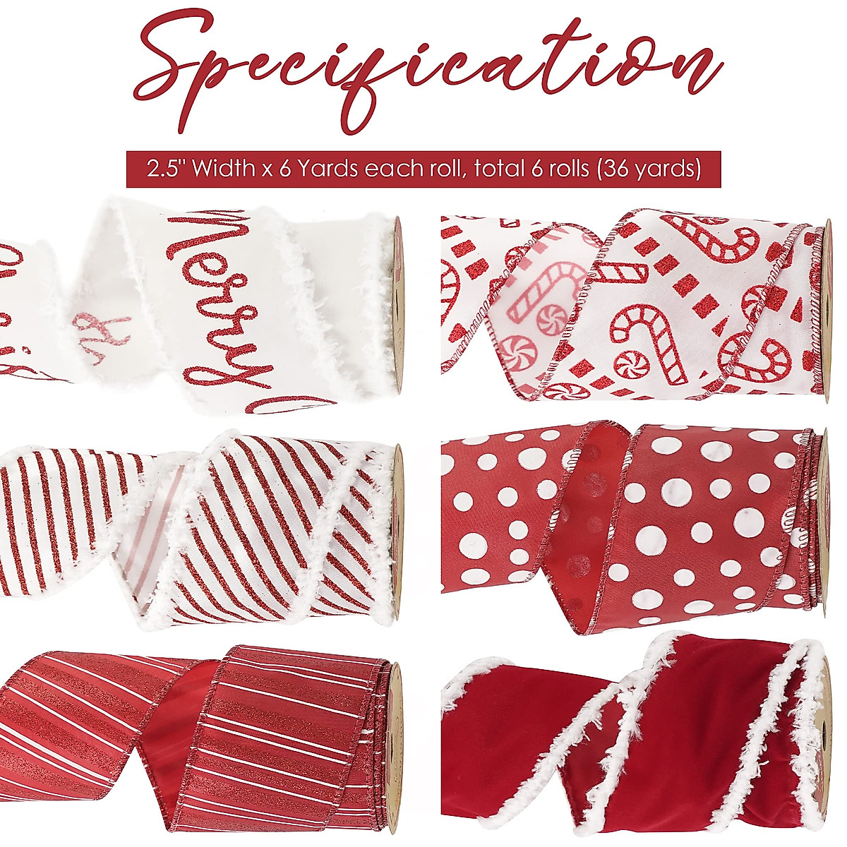 HUIHUANG Christmas Ribbon Wired Red Christmas Tree Ribbon 6 Rolls Red and White Ribbon Candy Cane Ribbon for Christmas Tree, Gift Wrapping, Wreath, Garland, Home Decor (2.5" Width, 36 Yards Total)