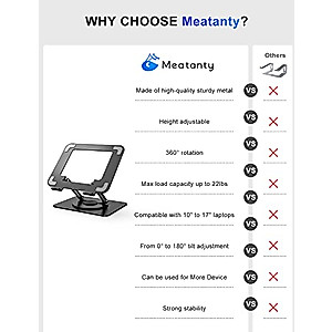 meatanty Laptop Stand, Ergonomic 360° Swivel Laptop Stand for Desk, Adjustable Metal Computer Stand, Foldable and Portable Laptop Riser Holder for MacBook, iPad Pro, 10-17" Laptops - Black
