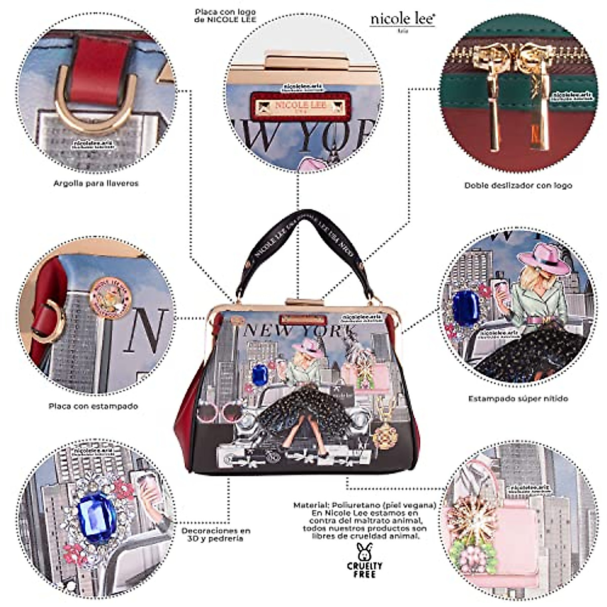 Nicole Lee Success in New York Handbag, Push Lock Closure, Embellished NYC City Bag with Optional Crossbody Strap