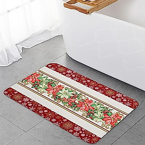 Poinsettia 1 Piece Water Absorbent Door Mat Anti-Skid Memory Foam Cushioned Rug Comfort Standing Floor Mat for Office Home Bathroom Kitchen 16x24 Inch Christmas Snowflakes Red Brown Stripes