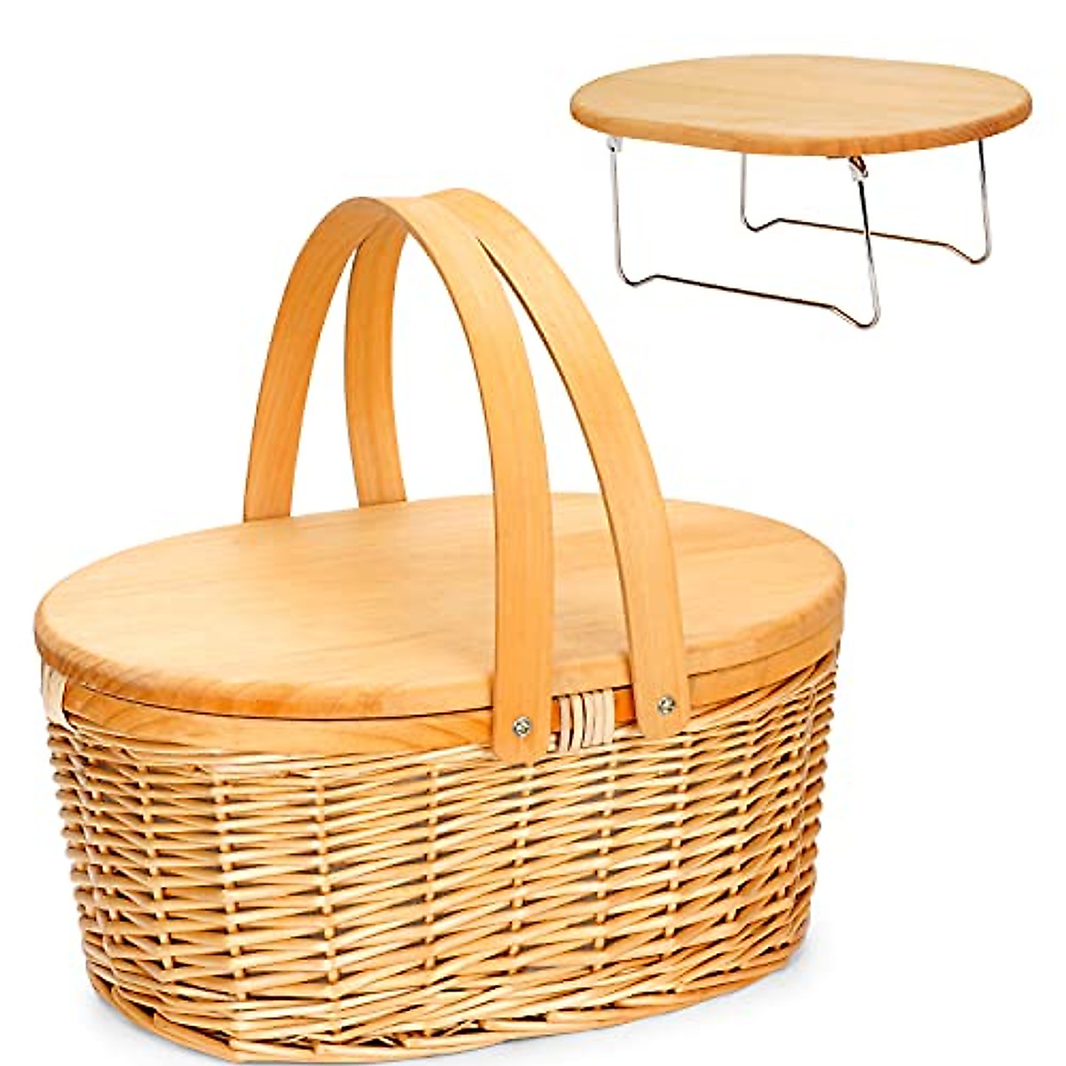 Wicker Picnic Basket Cooler with Portable Picnic Wine Table & Swing Handles for Beach, Camping, Park, Outdoor Party. Insulated Willow Cooler Baskets for Wine Lover. Best Gift for Christmas,Valentine