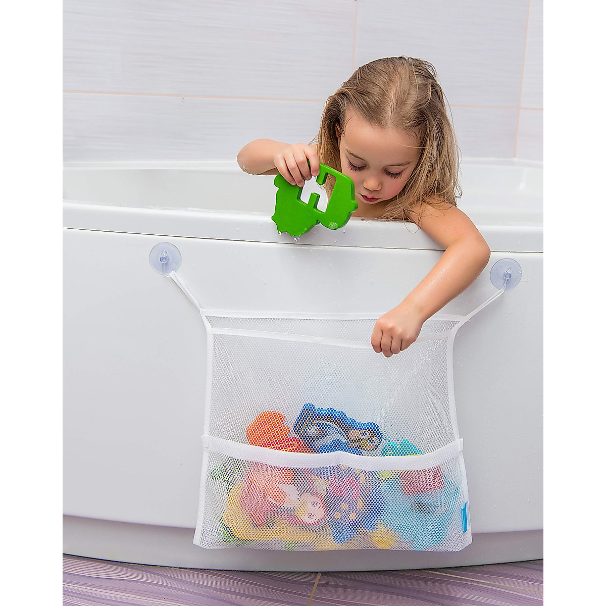 Bath Toy Organisers - Large Size Storage Net Bags for Baby Bathtub Toys - Set of 2-4 Ultra Strong Suction Cups - Bathroom & Shower Caddy Holder - Multi-Use for Kids Toddlers
