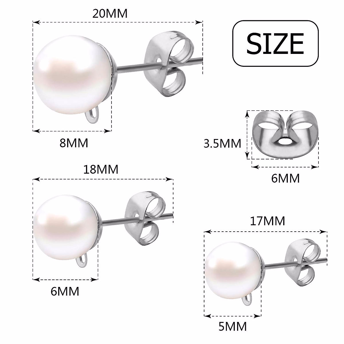 Aylifu 90pcs Faux Pearl Hypoallergenic Earring Posts Stud Earrings with Loop Metal Post Earring Studs and 90pcs Silver Butterfly Earring Backs for DIY Earring Jewelry Making