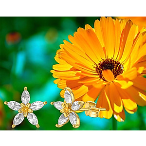 14K Real Solid Gold Crystal Flower Stud Earrings for Women Gifts for Her Screw Back Floral Sutd Earrings 8.5mm