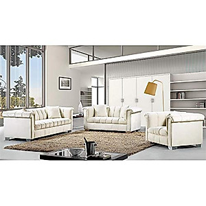 Meridian Furniture Kayla Collection Modern | Contemporary Velvet Upholstered Loveseat with Deep Channel Tufting and Custom Chrome Legs, Cream, 68" W x 37" D x 31" H