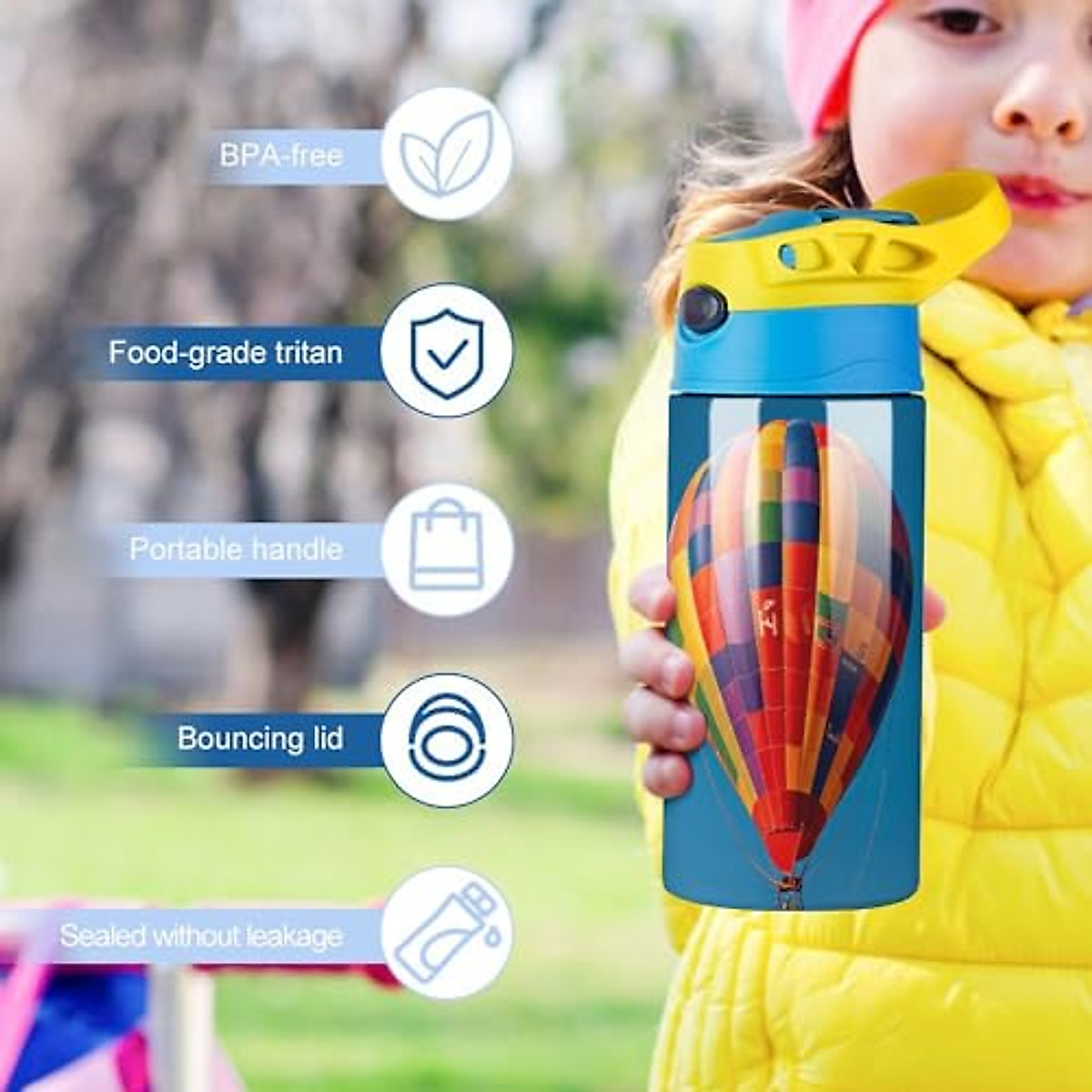 Stainless Steel Water Bottles Hot Air Balloons Travel Water Cups with Handle And Silicone Straw Drinking Cup with Leak Proof Lid Thermo Travel Mug for Women Men