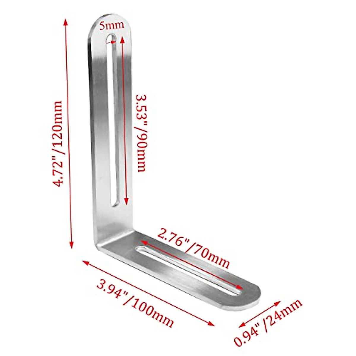 Rierdge 10 Pcs Slotted L Brackets Heavy Duty, 120mm Adjustable L-Shape Corner Brace, Stainless Steel Right Angle Brackets for Wood, Furniture, Shelves (4.8 Inch Silver)