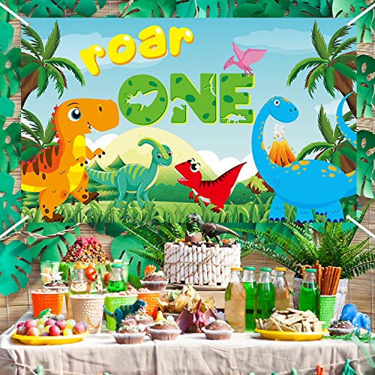 WATINC Roar One Birthday Backdrop Banner Dinosaur Theme 1 Year Old Wild Forest XtraLarge Background Photo Booth Photography Baby Shower Polyester Party Decorations Supplies for Home Studio 71x43 Inch