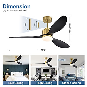 52 Inch Ceiling Fans with LED Light Remote Control, Modern Ceiling Fan with Reversible DC Motor, 3 Blades and 3 Color Temperature, LED Light Chandelier for Bedroom(Gold & Black)