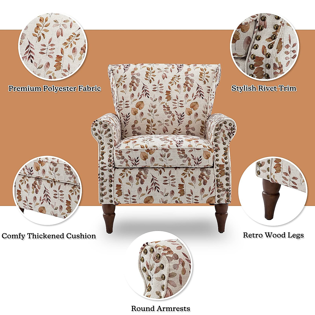 HULALA HOME Modern Wingback Accent Chair with Wood Legs & Removable Cushion, Comfy Upholstered Armchair with Nailhead Trim, Floral Pattern Single Sofa Chair for Living Room Bedroom, Yellow