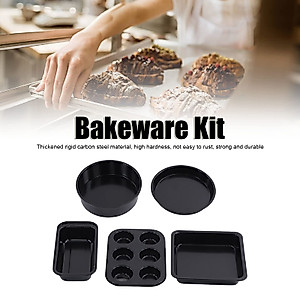 5Pcs Nonstick Bakeware Set Carbon Steel Baking Pans Kit High Temperature Resistance with Cake Mold,Baking Sheet,Pizza Tray,Quadrate & Rectangular Baking Pan for Household Bakery(Black)
