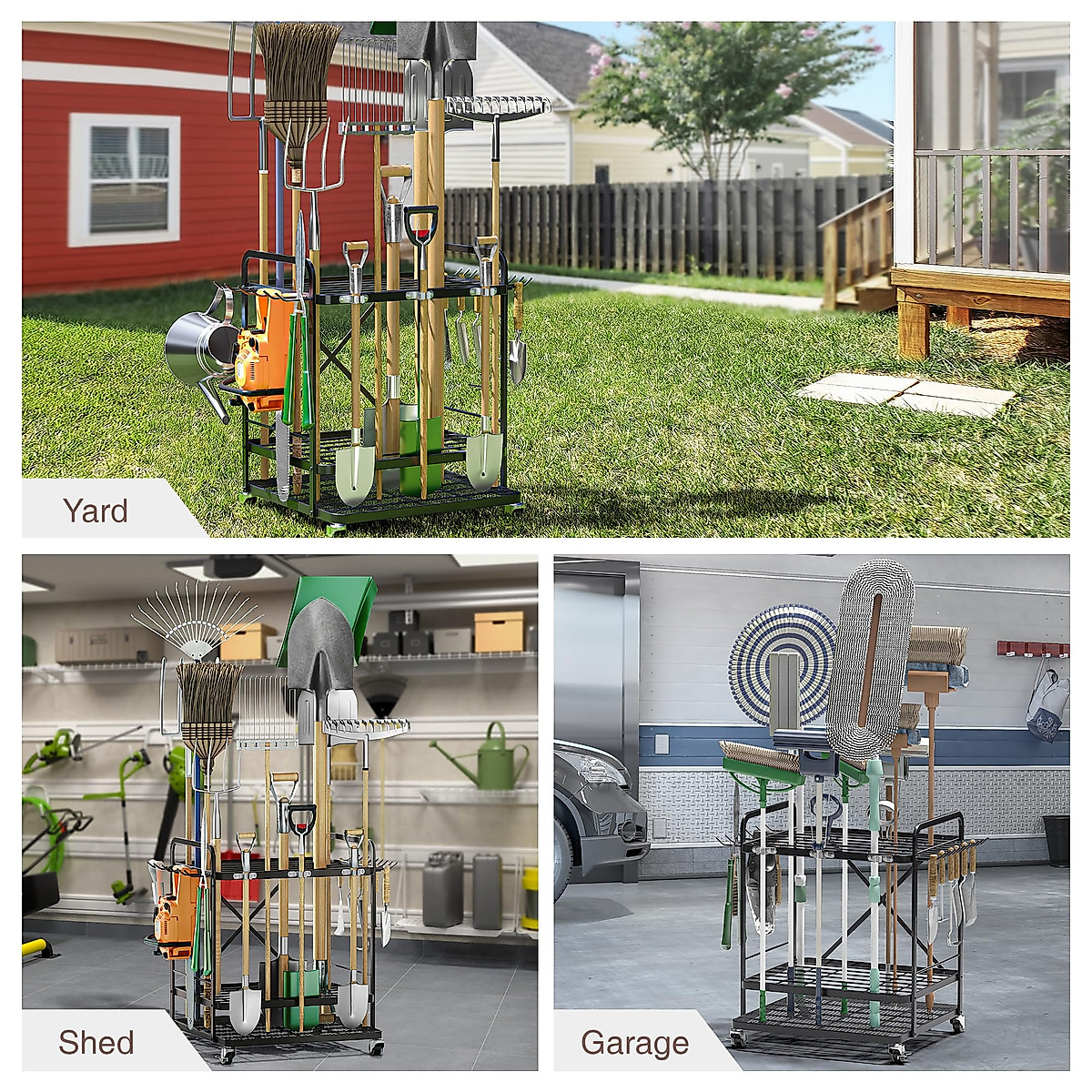 Lineware Garden Tool Organizer For Garage Garden Tool Storage with Wheels Garden Tool Rack Stand Garden Tool Holder Yard Tool Storage for Outdoor Shed Garage Garden Black