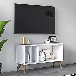 Ruumstore Norm TV Stand 35'', with 3 Open Shelves, TV Stand for Media, Natural Wooden Legs, Opaque White