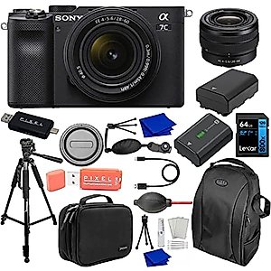 Sony Alpha a7C Compact Mirrorless Camera with FE 28–60 mm F4–5.6 Lens, 2 X Extra LI-ION Batteries, 64GB SDXC Card, Backpack, Handy Case, Tripod,+ More