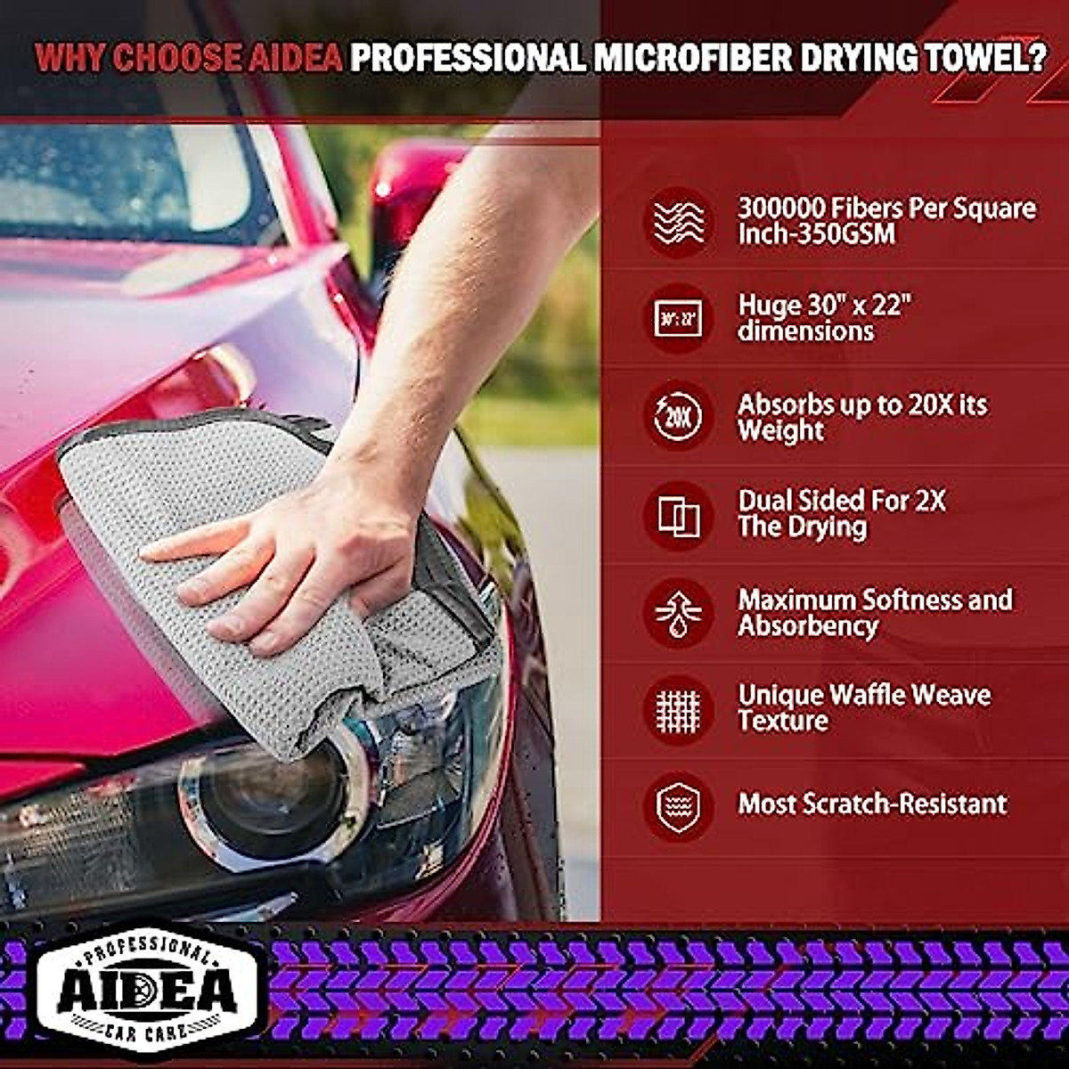 AIDEA Professional Microfiber Drying Towel-30 x22, Premium Car Drying Towel, Strong Water Absorbent & Scratch-Free, Safe for Car Wash, Home Cleaning & Pet Drying Cloths-1PK