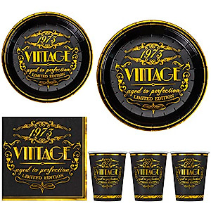 Crisky 96pcs Black Gold Foil 50th Birthday Napkins Plates Cups Set for Women 50th Birthday Party Decorations Supplies, Vintage 1973 Disposable Tableware Set of 24