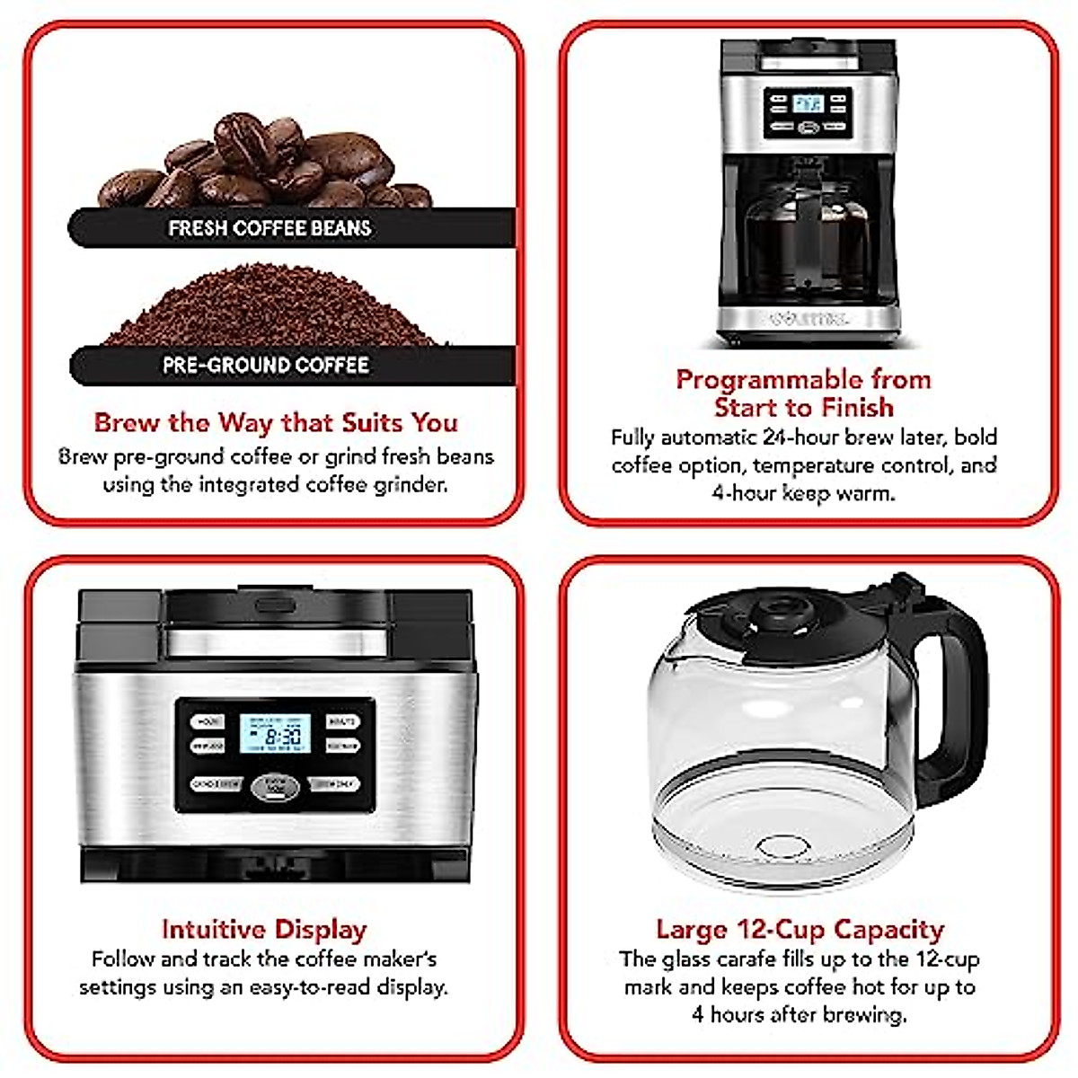 Gourmia Digital Coffee Machine 12-Cup Large coffee maker integrated Coffee Grinder & glass coffee pot with reusable stainless steel mesh coffee filter 4-Hour Keep-Warm and Freshness Indicator GCM3180