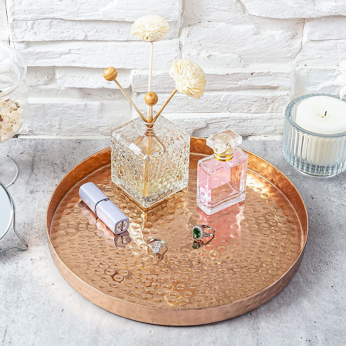 MyGift 11 Inch Deluxe Hammered Copper Round Decorative Tray - Aluminum Plated Serving Display Platter and Vanity Tray - Handcrafted in India