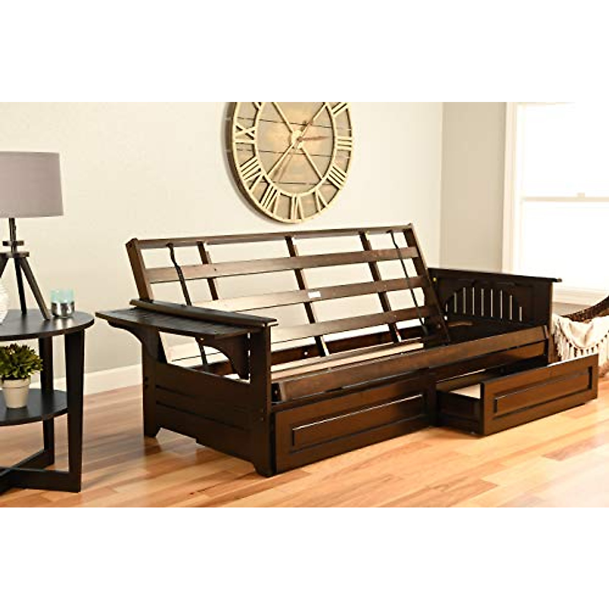 Phoenix Full Size Futon Couch with Espresso Finish with Suede Black Mattress Included - Wooden Frame - Solid Hardwood Construction